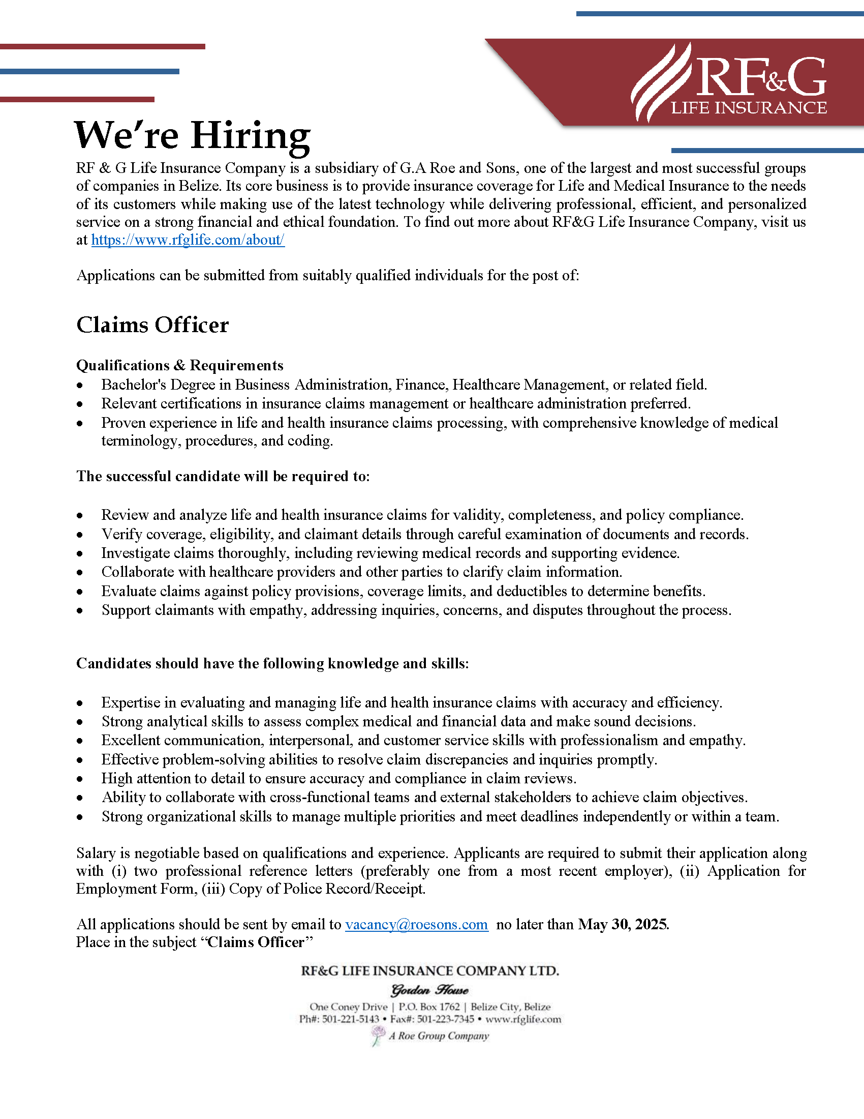 Claims Clerk - RF&G Life Insurance