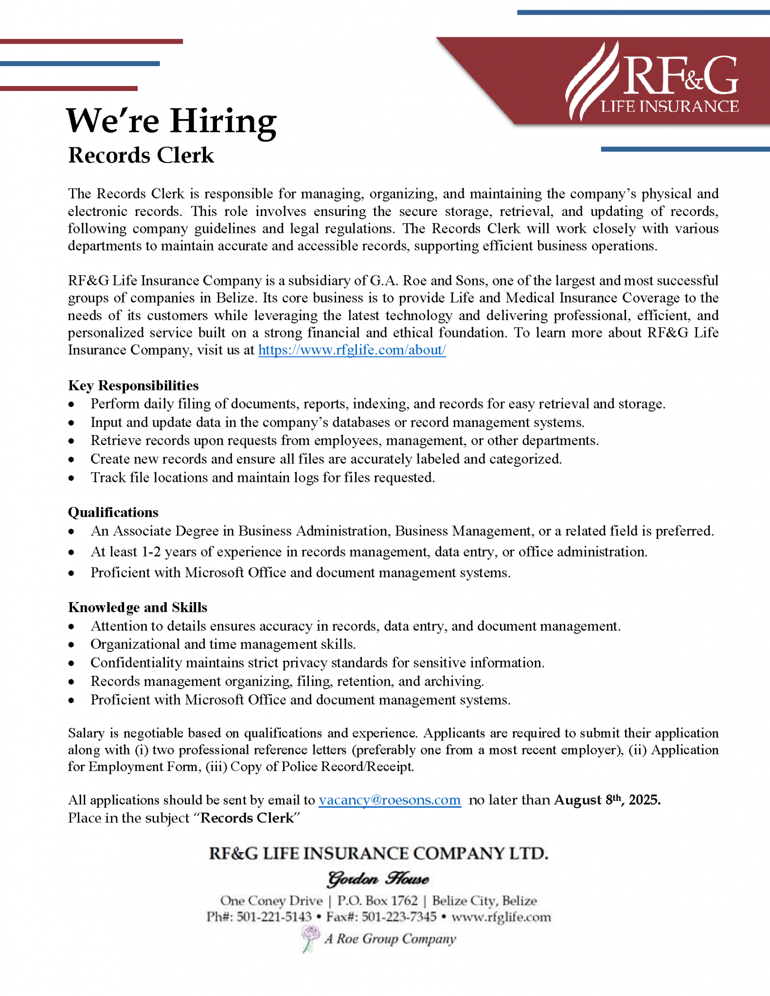 Records Clerk Vacancy - RF&G Life Insurance