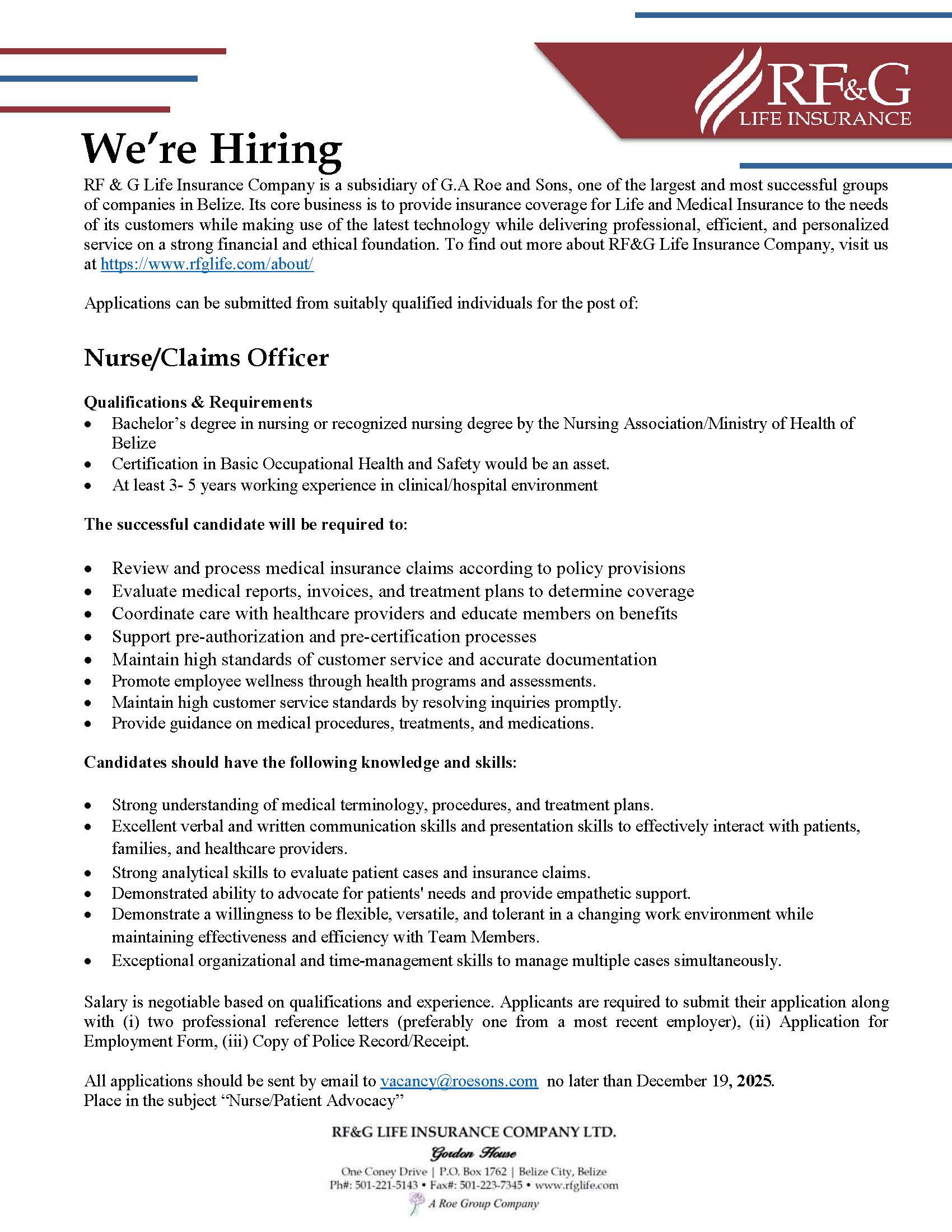 Nurse/Claims Officer - RF&G Life Insurance