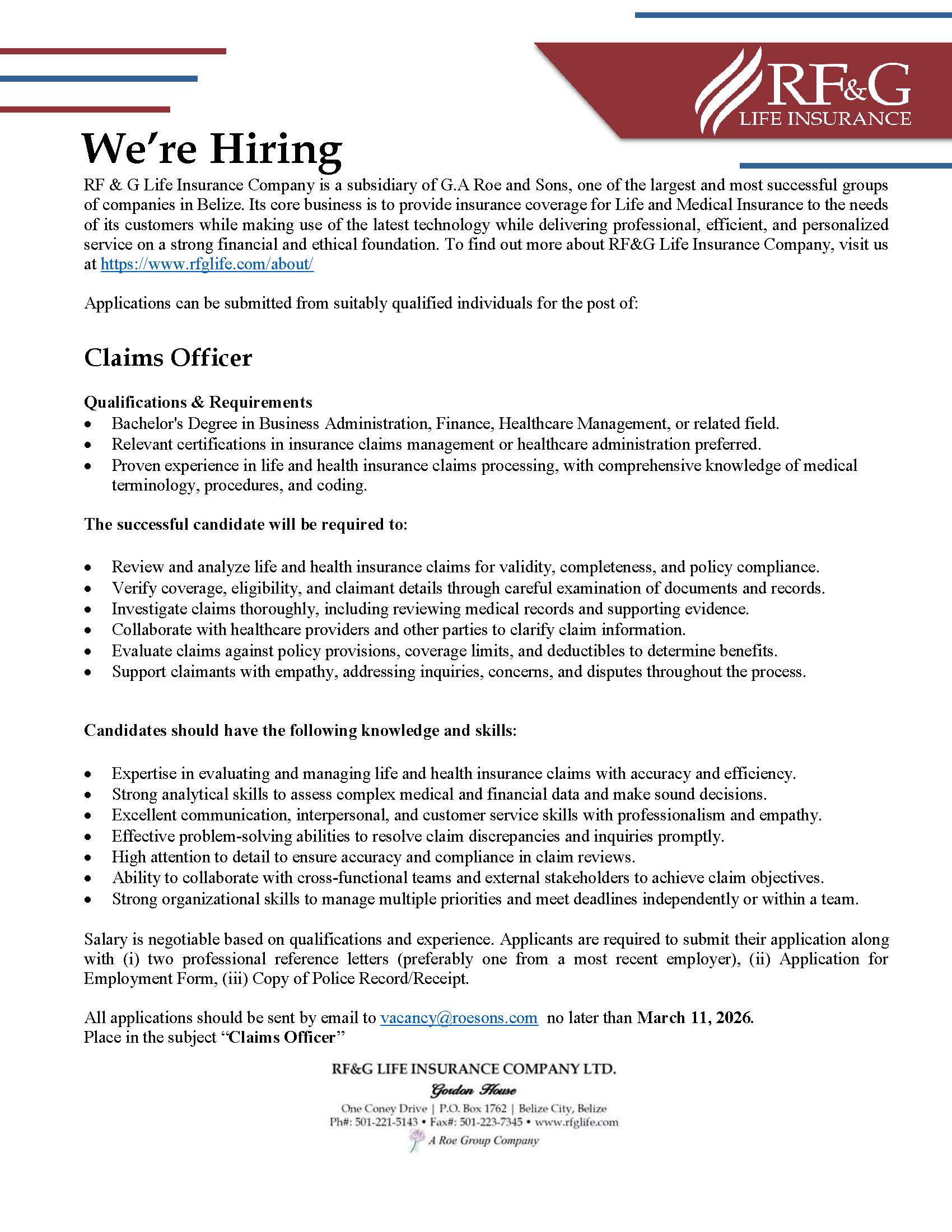 Claims Officer - RF&G Life Insurance